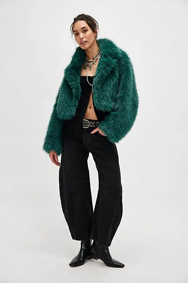 Free People Paris Cropped Faux Fur Jacket - Uncut Emerald